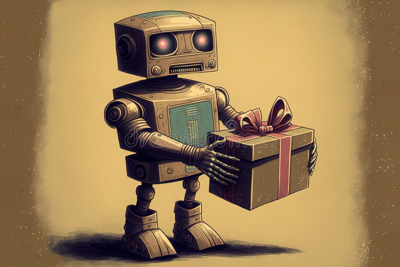 Retro Robot Presenting Gift Box. Generative AI Stock Illustration ...