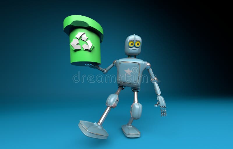 Retro Robot with Recycle Trash Bin.separate Waste Collection ...