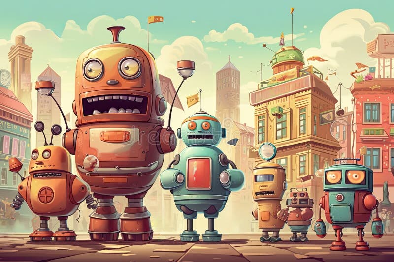 Retro Robot Revolution, Whimsical Robot Parade in a Vintage Town Square ...