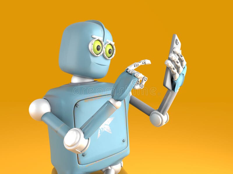 Retro Robot Sits and Reads Smartphone. New Technologies and Progress ...