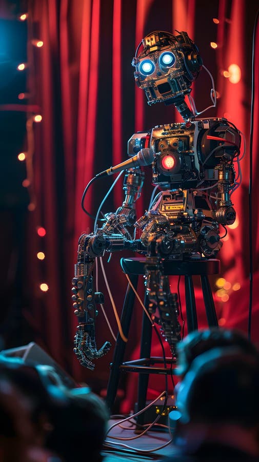 Retro Robot Show, Mechanical Marvel on Stage, Red Curtain Background ...