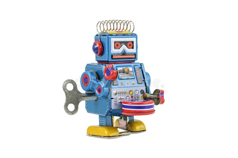 Blue Retro Mechanical Robot Toy Walks Isolated Stock Image - Image of ...
