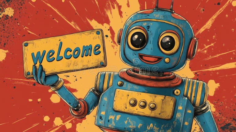 Retro Robot with Welcome Sign on Textured Background Stock Illustration ...