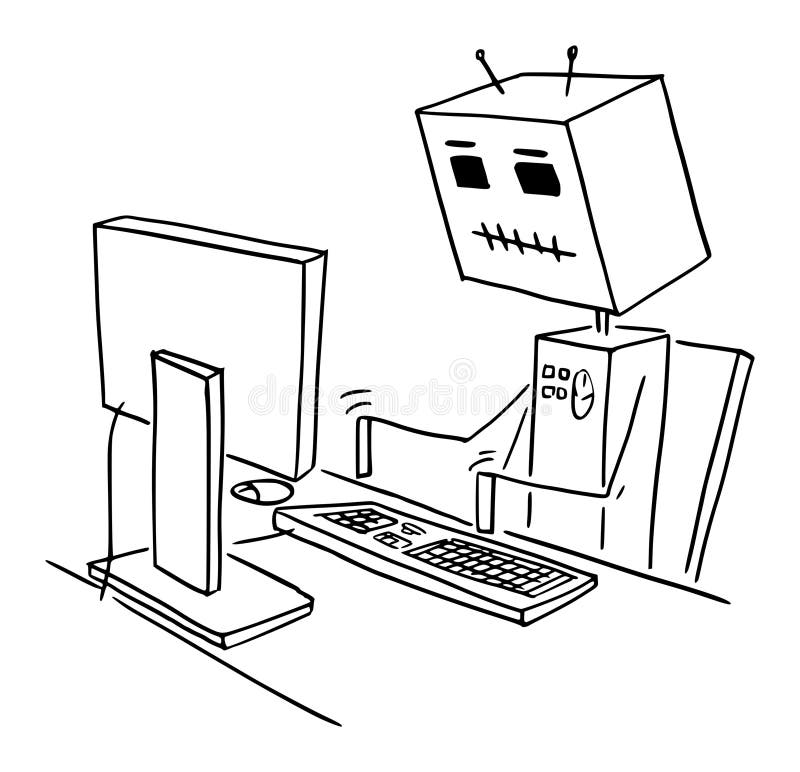 Robot Working in Office on Computer, Vector Cartoon Stick Figure ...