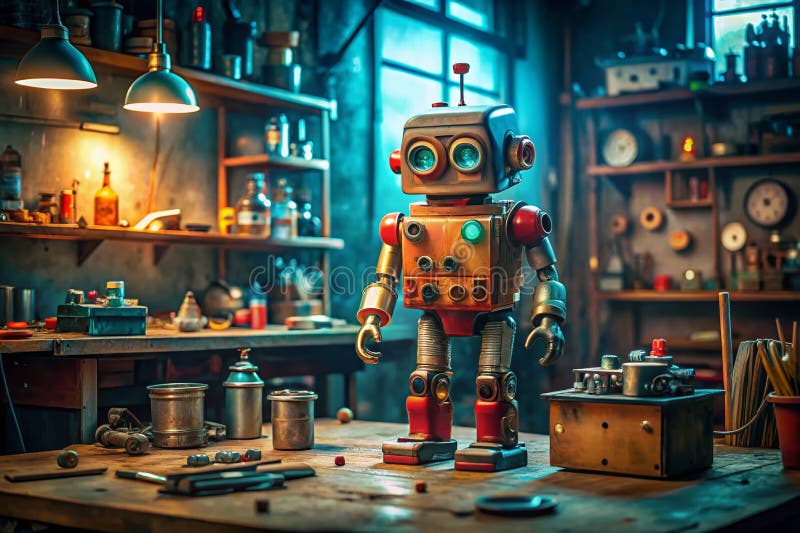 Retro Robot on Workshop Bench a Detailed DronesEye View of a Charming ...