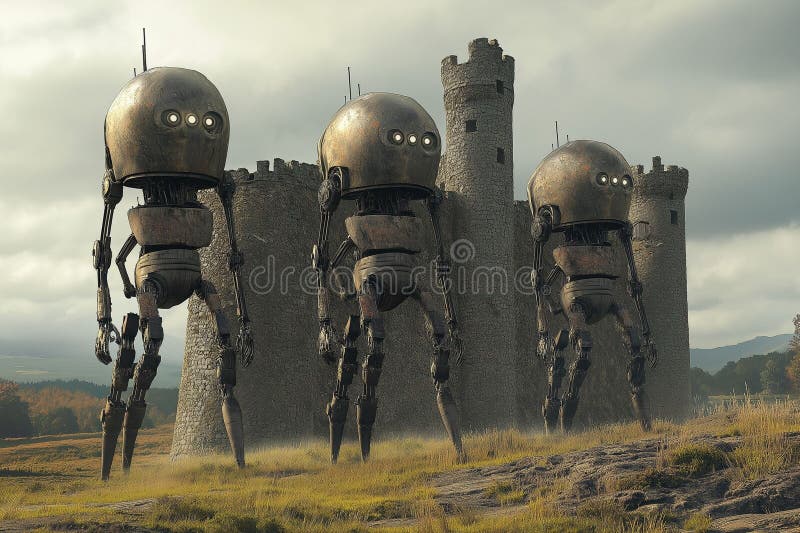 Retro Robots in Front of an Ancient Stone Castle Stock Photo - Image of ...