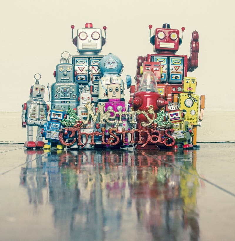 Retro Robots with Gifts on a Old Wooden Floor Stock Image - Image of ...