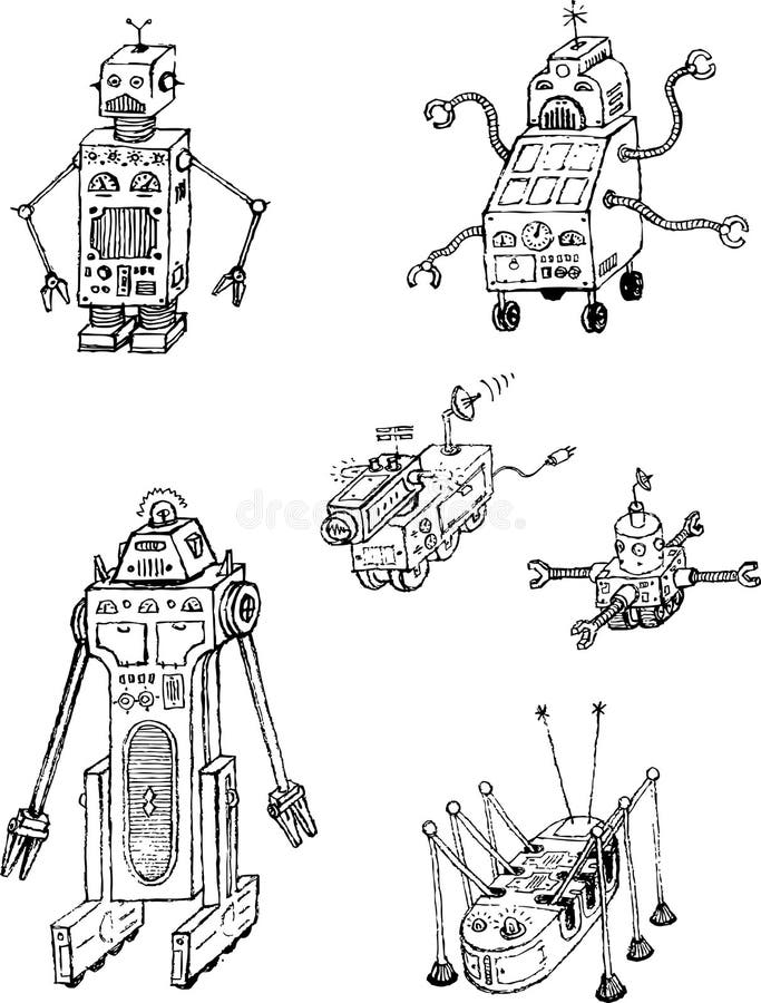 Retro Robots Vector Hand Drawing Black Set Animation 1960 Style Stock ...