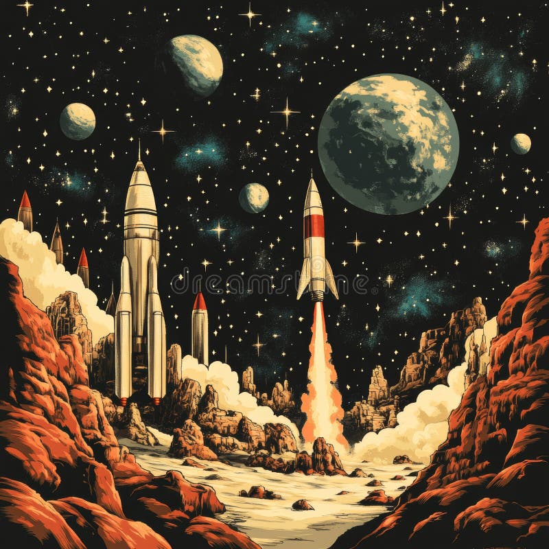 Retro Rocket Launch Illustration with Planets and Stars Stock ...