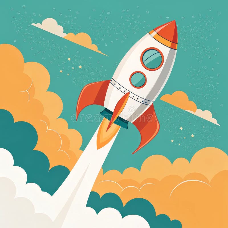 Retro Rocket Launch Illustration, Teal, Orange Clouds, Space Concept ...