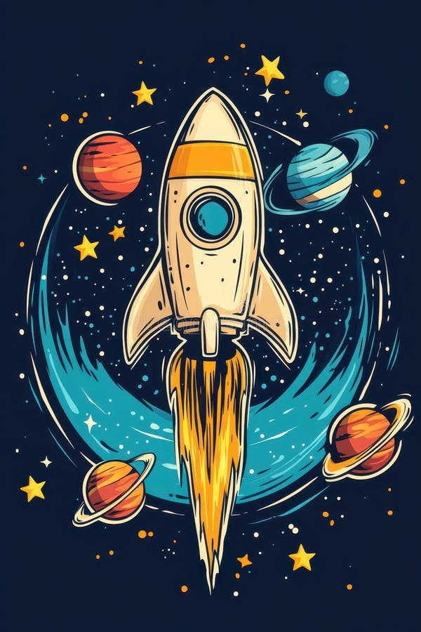 Retro Rocket Launches through Space Planets Stars Stock Illustration ...