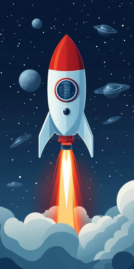 Retro Rocket Launching into Outer Space Surrounded by Planets Stock Illustration - Illustration ...