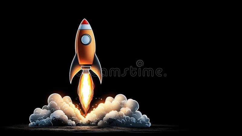 Retro Rocket Launching into Space with Flames and Clouds Against a Black Background Stock ...