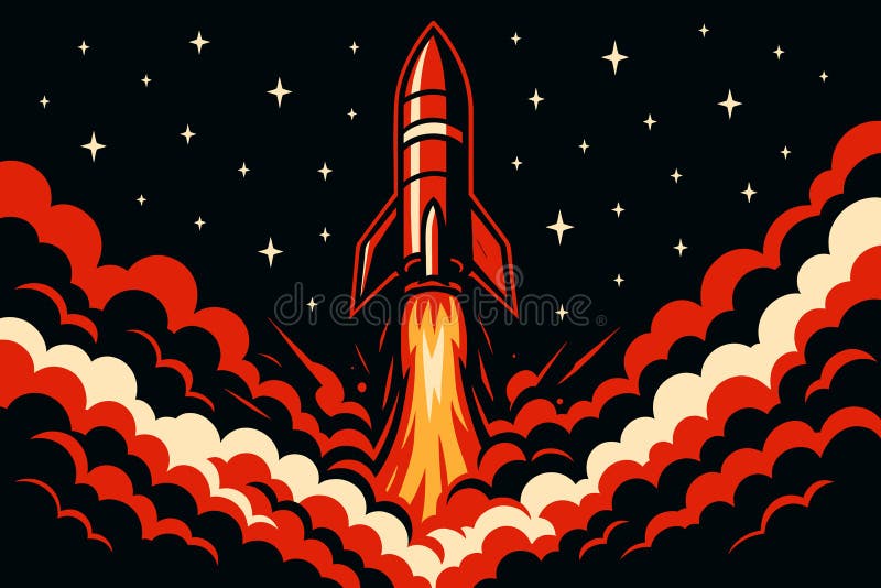 Retro Rocket Launching into Space Night Sky Stock Vector - Illustration ...