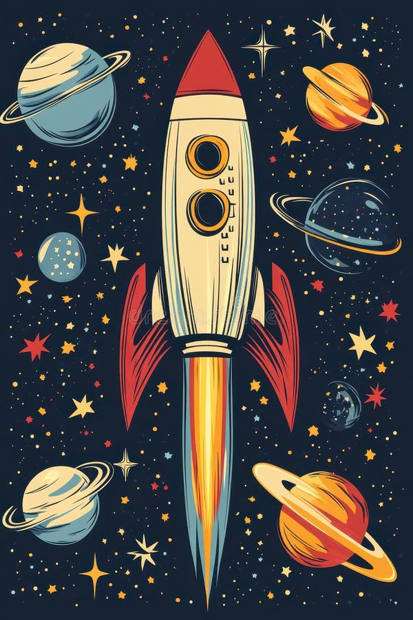 Retro Rocket Launching through Space Planets Stars Stock Illustration - Illustration of orange ...