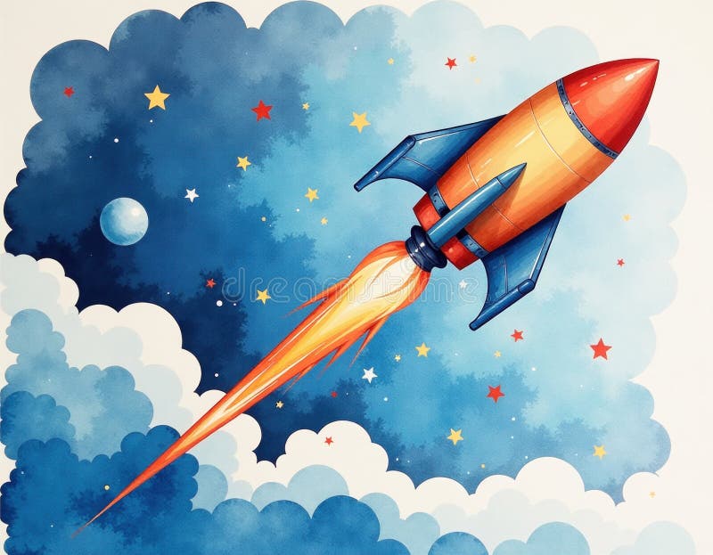 Retro Rocket Ship Launching into Space Stock Illustration ...