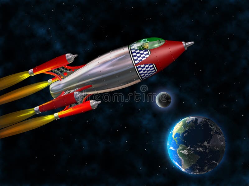 Retro rocket in space stock illustration. Illustration of stylized ...