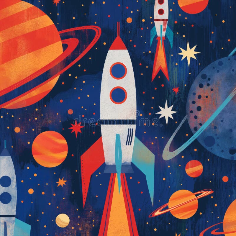 Retro Rockets Exploring Colorful Galaxy Illustration Stock Illustration ...
