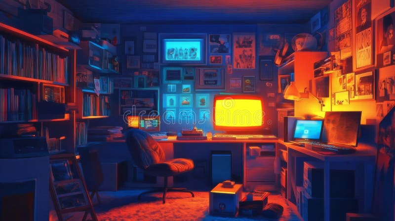 Retro Room with Glowing Screen and Vintage Computer Setup Stock ...