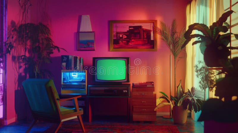 Retro Room Interior with Pixel Art Style and Synthwave Aesthetic Stock ...