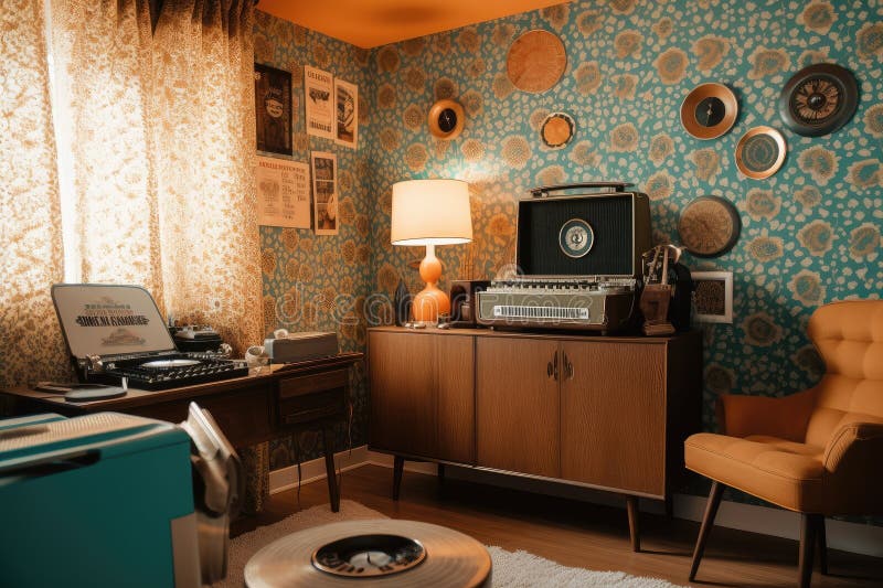 Retro Room with Typewriter, Record Player, and Vinyl Records Stock ...