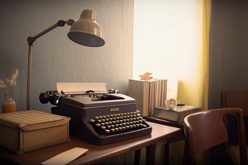 Retro Room with Typewriter and Stack of Paper on Desk Stock Image ...