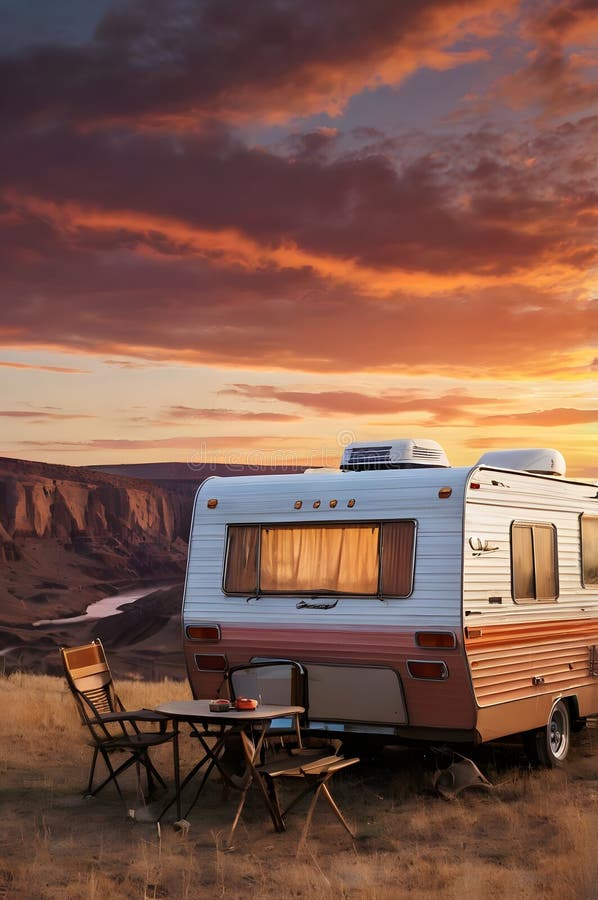 Retro RV with Scenic Backdrop Stock Illustration - Illustration of ...