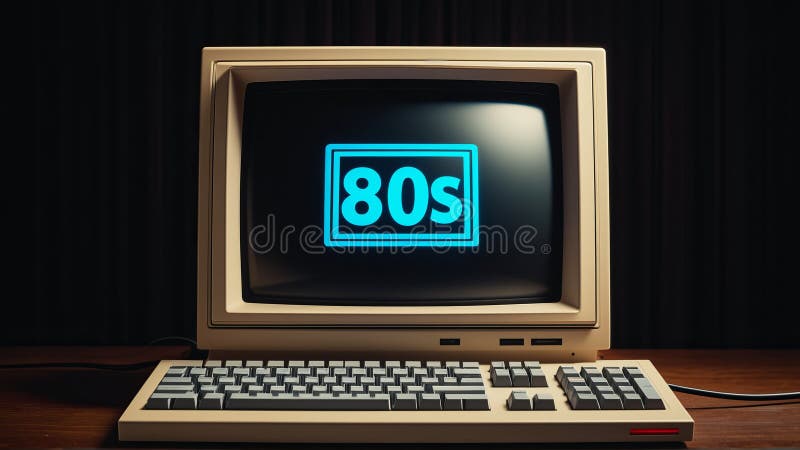 Retro 80s Computer on Wooden Desk with Illuminated Screen in Dark Room ...