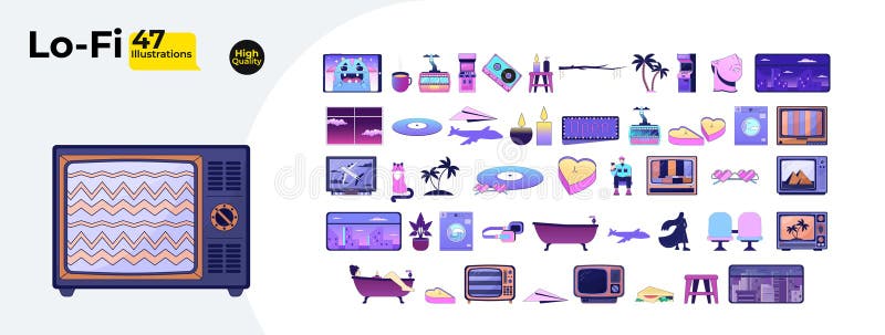 Retro 80s 2D Linear Cartoon Lofi Objects Bundle Stock Vector ...