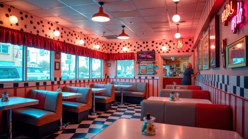 Retro 1950s Diner Interior Checkerboard Floor Colorful Booths Stock ...