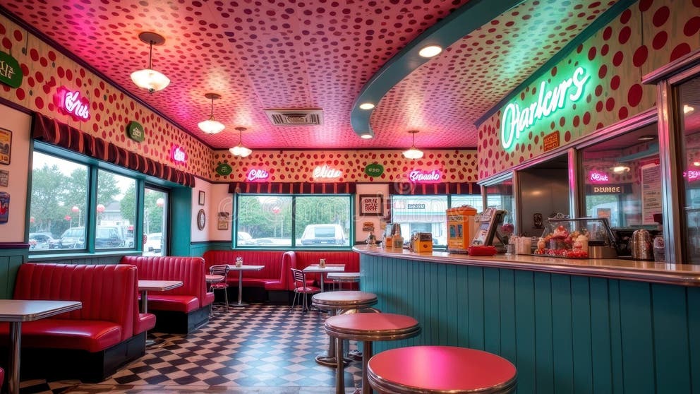 Retro 1950s Diner Interior with Neon Lights and Checkerboard Floor ...