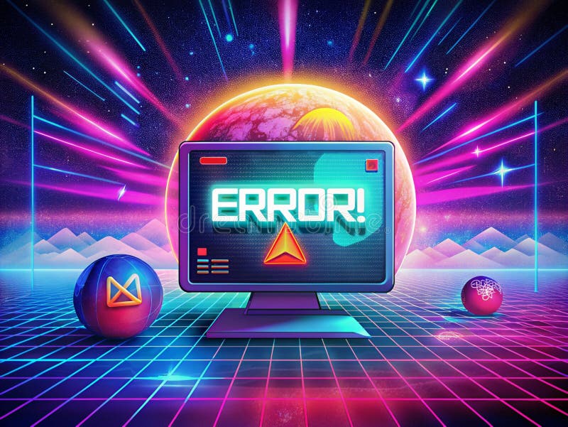 Retro 80s Error Message with Planet and Grid Background Stock Vector ...