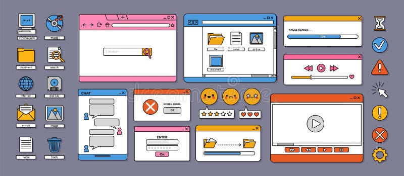 Retro 90s Interface Elements. Vaporwave Old User Desktop with Aesthetic Computer UI Icons and ...
