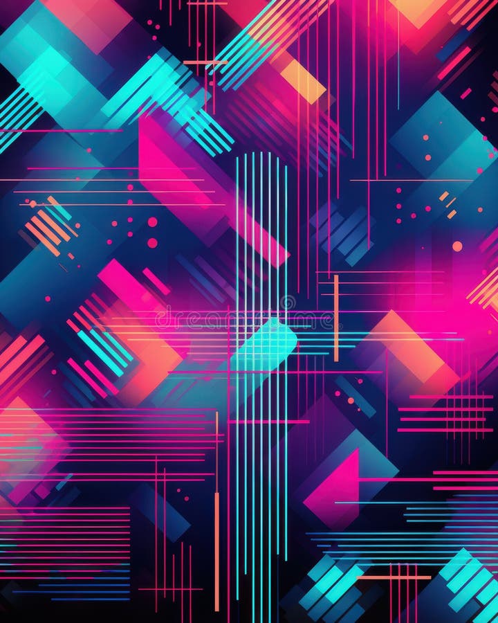 Retro 80s Neon Grids with Abstract Shapes. Stock Illustration ...