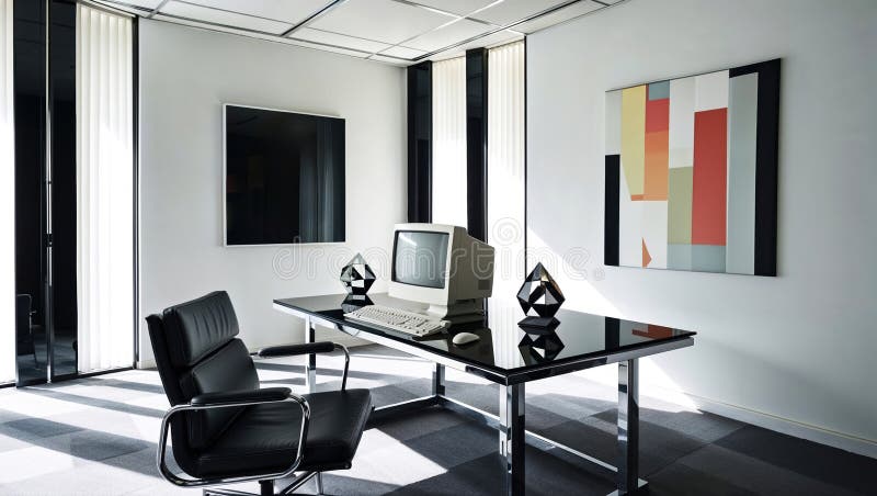 Retro 80s Office with Vintage Computer and Minimalist Art Stock ...