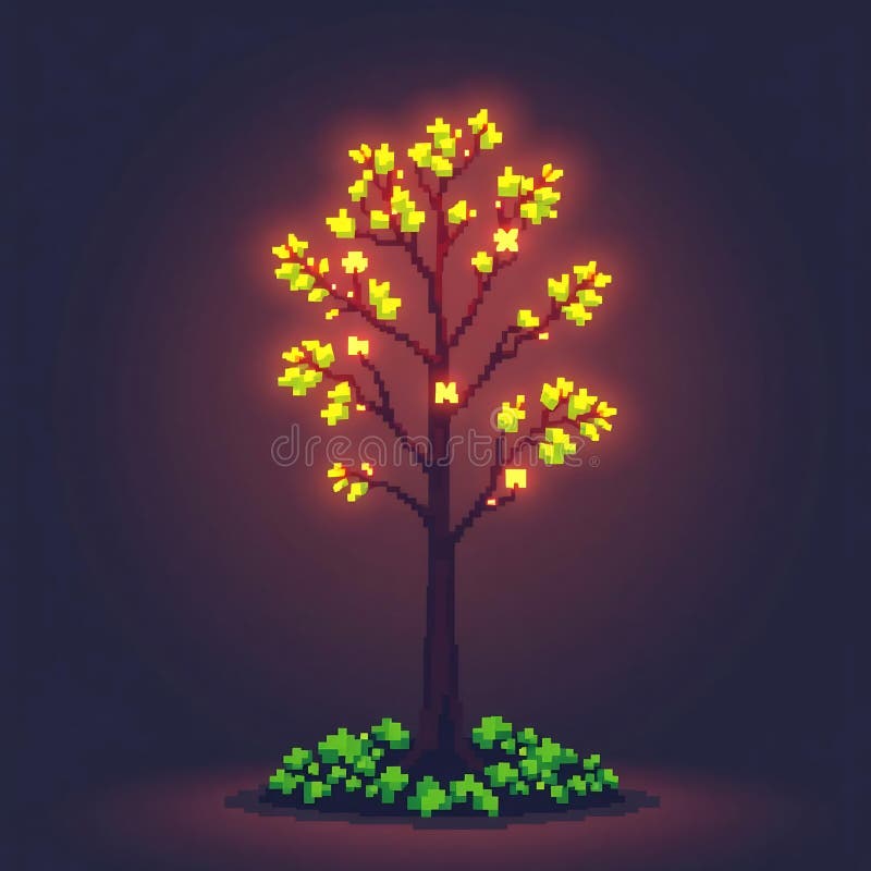 Retro 90s Pixelated Tree: a Nostalgic Design with Soft Neon Glow Stock ...