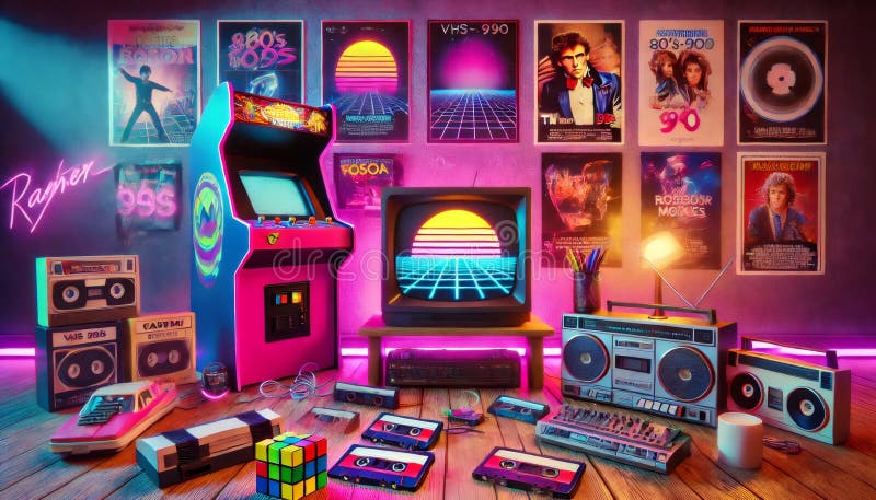 Retro 80s and 90s Room with Arcade Machine, Cassette Player and VHS ...