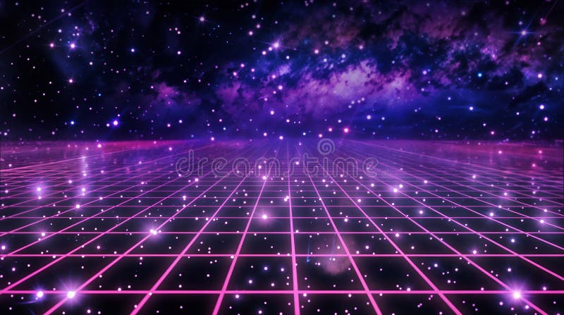 Retro 80s Sci-fi Neon Grid Horizon with Galaxy Landscape Backdrop Stock ...
