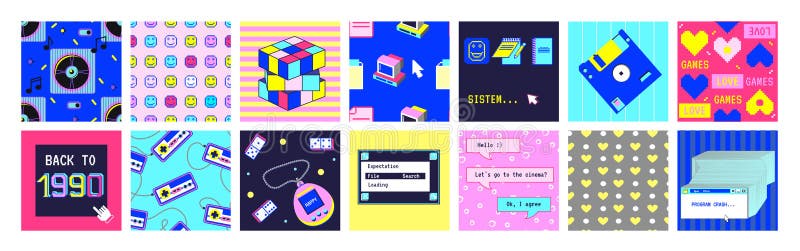 Retro 90s Stickers. Abstract Colorful 1990s Square Posters, Nostalgia ...