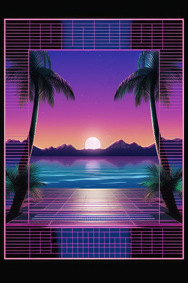 Retro 80s Style Beach Scene with Palm Trees and a Sunset Stock ...
