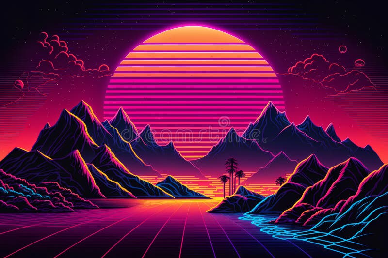 Retro 80s-90s Style Cyberpunk Landscape with Mountains, Sun and Neon ...