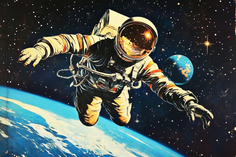 A Retro 1950s-style Pin-up Poster Featuring an Astronaut Floating in ...