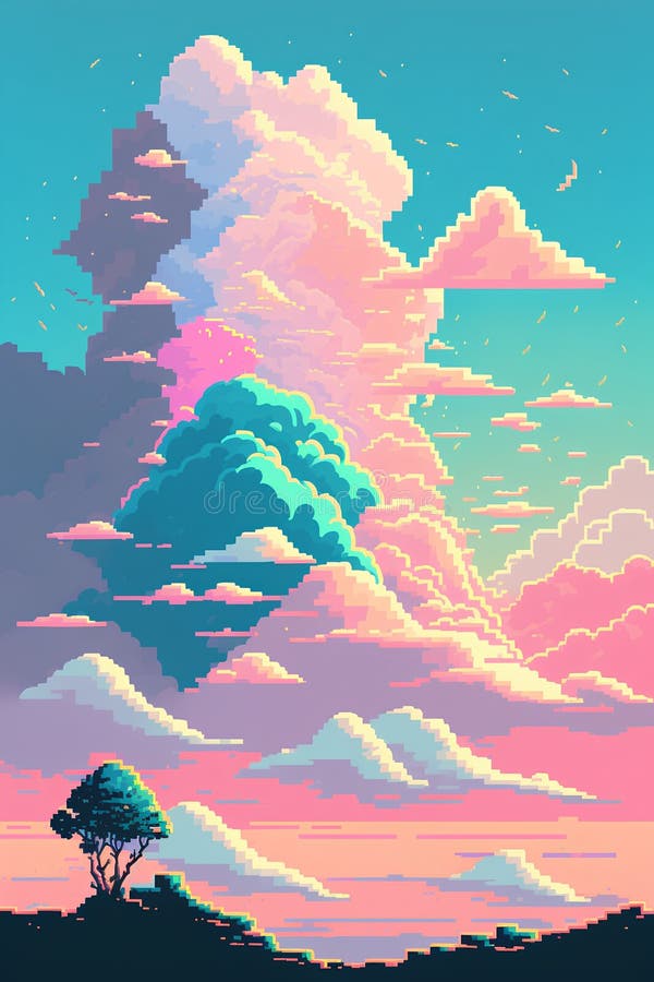 Retro Pixel Art Forest Landscape Background with Mountains, Lake and ...