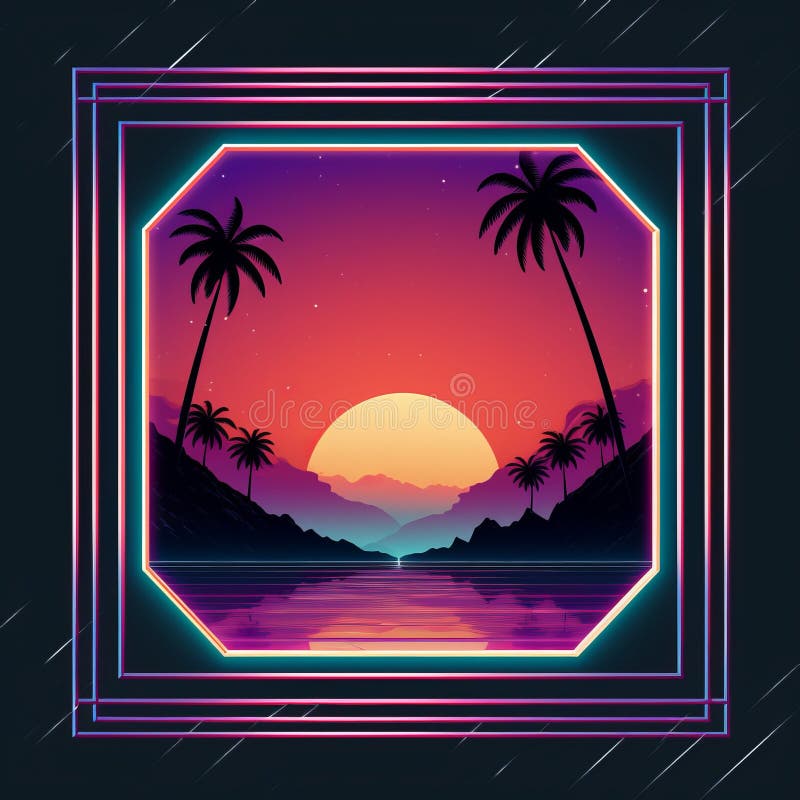 Retro 80s Style Sunset with Palm Trees and Mountains in the Background ...