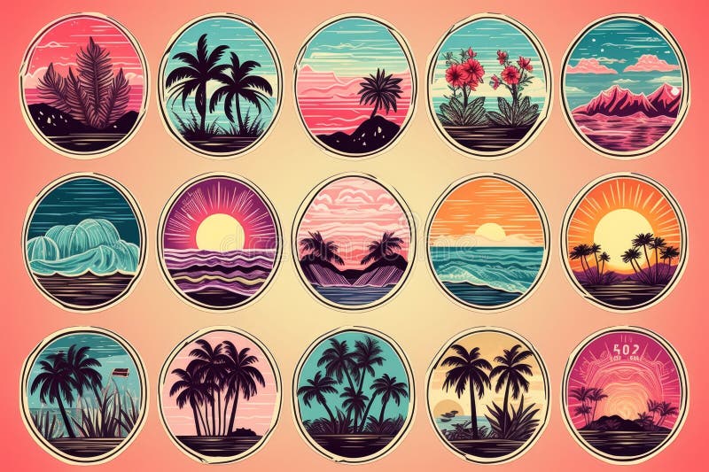 Retro 80s 90s Sunset Badges, Summer Surfing Vector Design for Prints ...