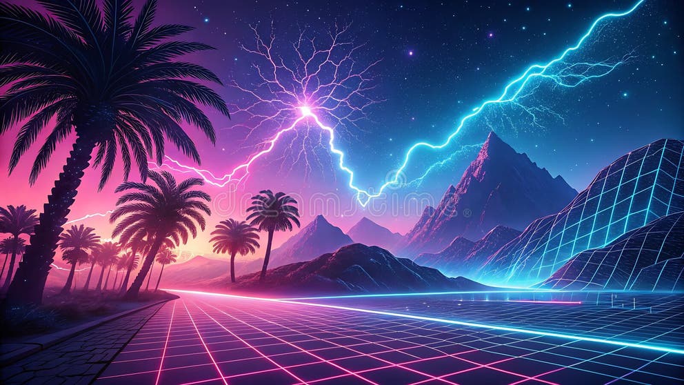 Retro 80s Synthwave Background with Grid Patterns and Neon Lights Stock Illustration ...