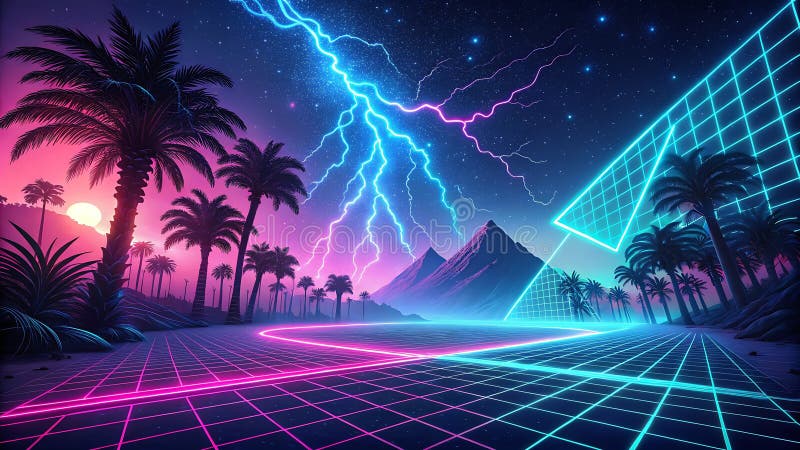 Retro 80s Synthwave Background with Grid Patterns and Neon Lights Stock ...