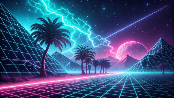 Retro 80s Synthwave Background with Grid Patterns and Neon Lights Stock ...