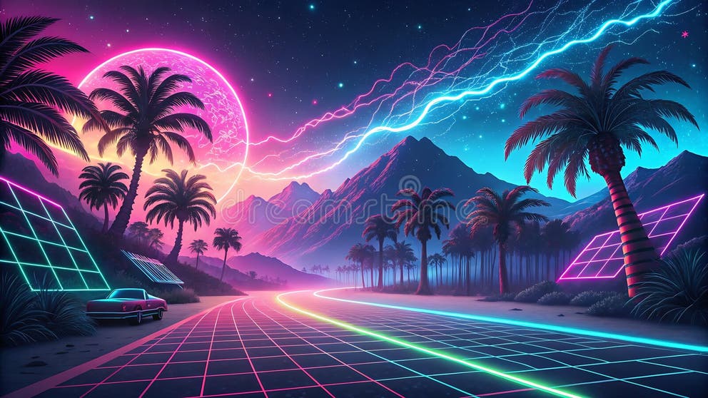 Retro 80s Synthwave Background with Grid Patterns and Neon Lights Stock ...