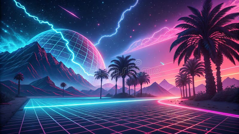 Retro 80s Synthwave Background with Grid Patterns and Neon Lights Stock ...